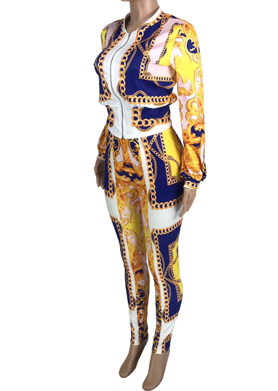 Bluewolfsea Two Piece Outfits for Women Jogger Tracksuits Long Sleeve Zipper Floral Print Jumpsuits Sweatsuits Sets Yellow Medium