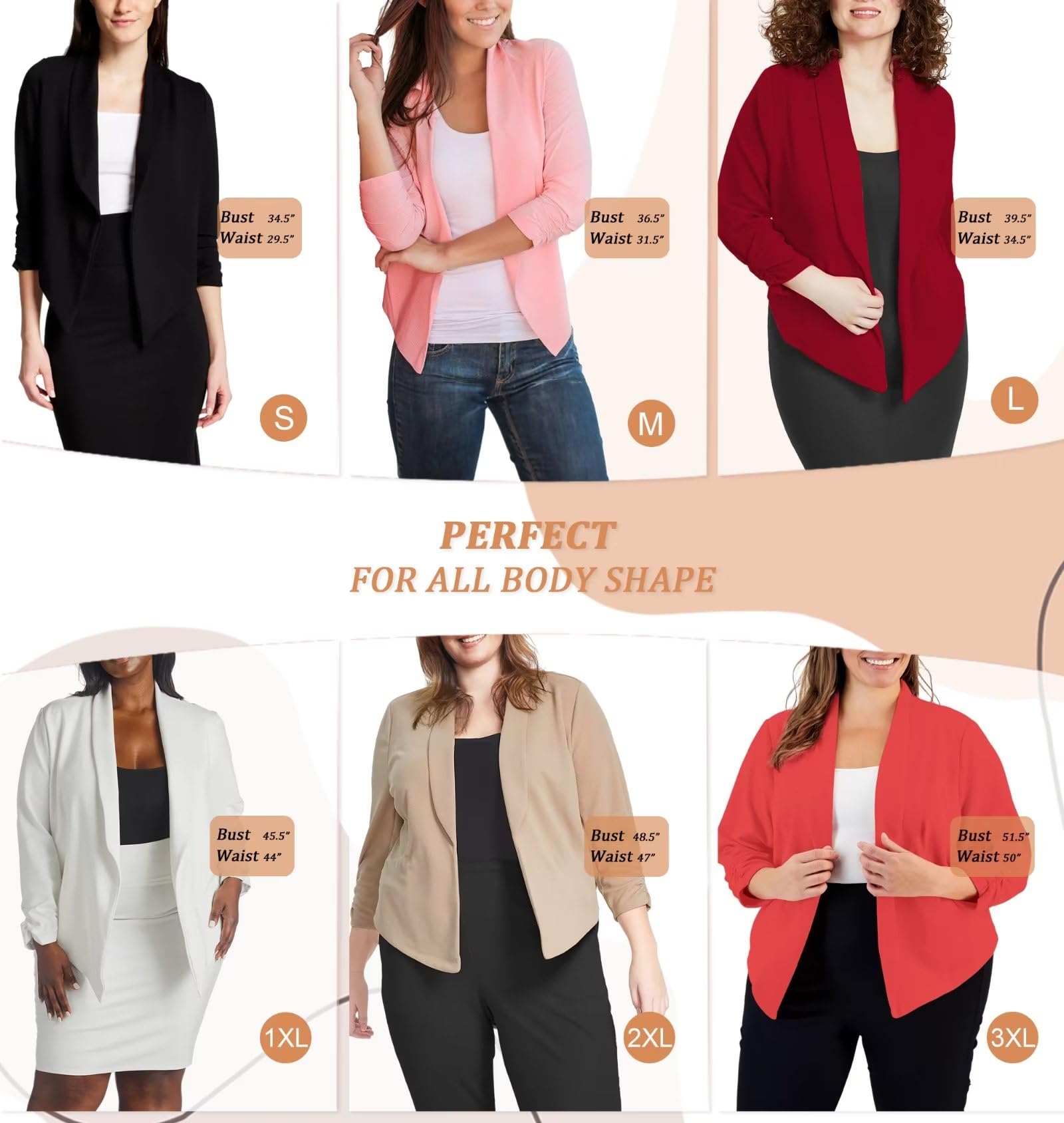 H&C Women Casual Work Office Open Front Shawl Lapel Soft Pink Blazer Jacket with Removable Shoulder Pads Made in USA