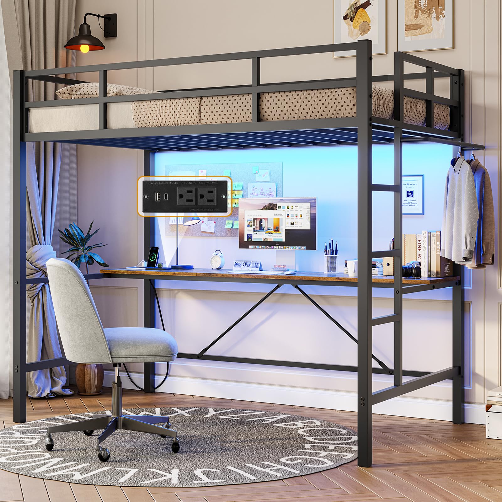DICTAC Loft Bed Full Size with Desk and Led Lights Full Metal Loft Bed with Charging Station Full Size Metal Bed Frame with Safety Guard & Ladder, Space-Saving,No Noise,No Box Spring Needed, Black