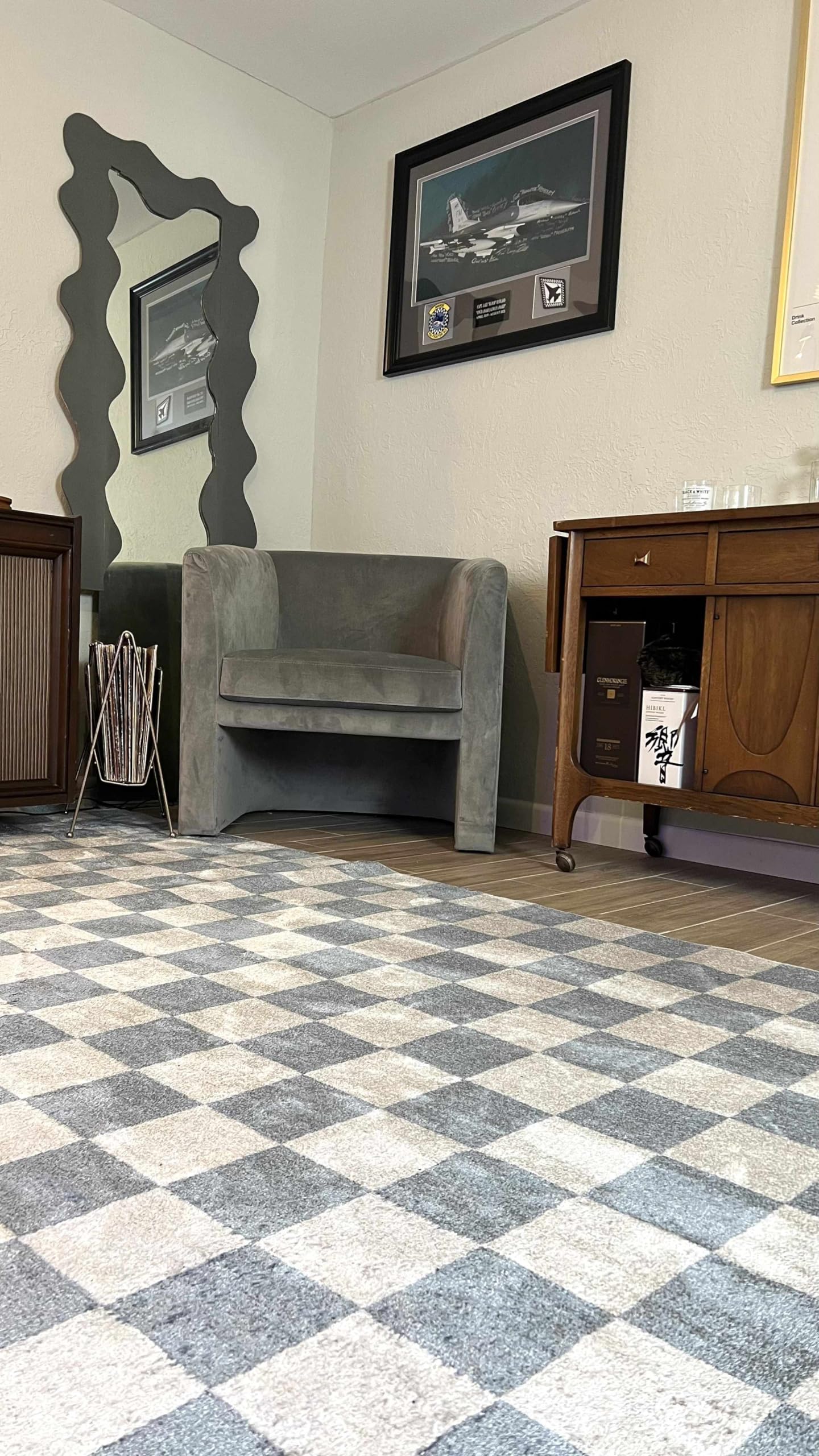 Hauteloom Brone Contemporary Checkered Area Rug - Modern Geometric Bordered Carpet for Living Room, Bedroom, Dining Room - Checkboard Design - Square Tiles - Blue, Ivory - 5'3" x 7'