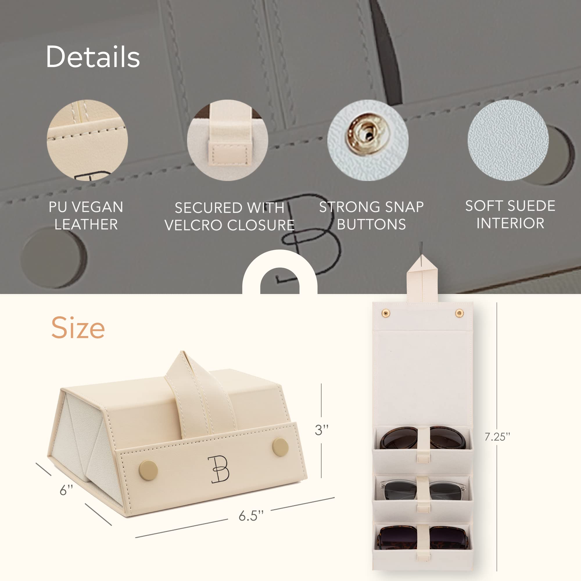BOSHKU 3-Slot Travel Sunglasses Case Organizer – Compact Sunglasses Storage with Hanging Loop – Vegan Leather Multiple Glasses Case with Soft, Suede Interior and Secure Elastic Straps (BEIGE)