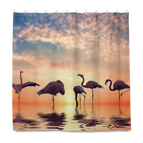 BLuevi Sunset Flamingos Shower Curtain for Bathroom Waterproof Fabric with Hooks 72x72 Inch