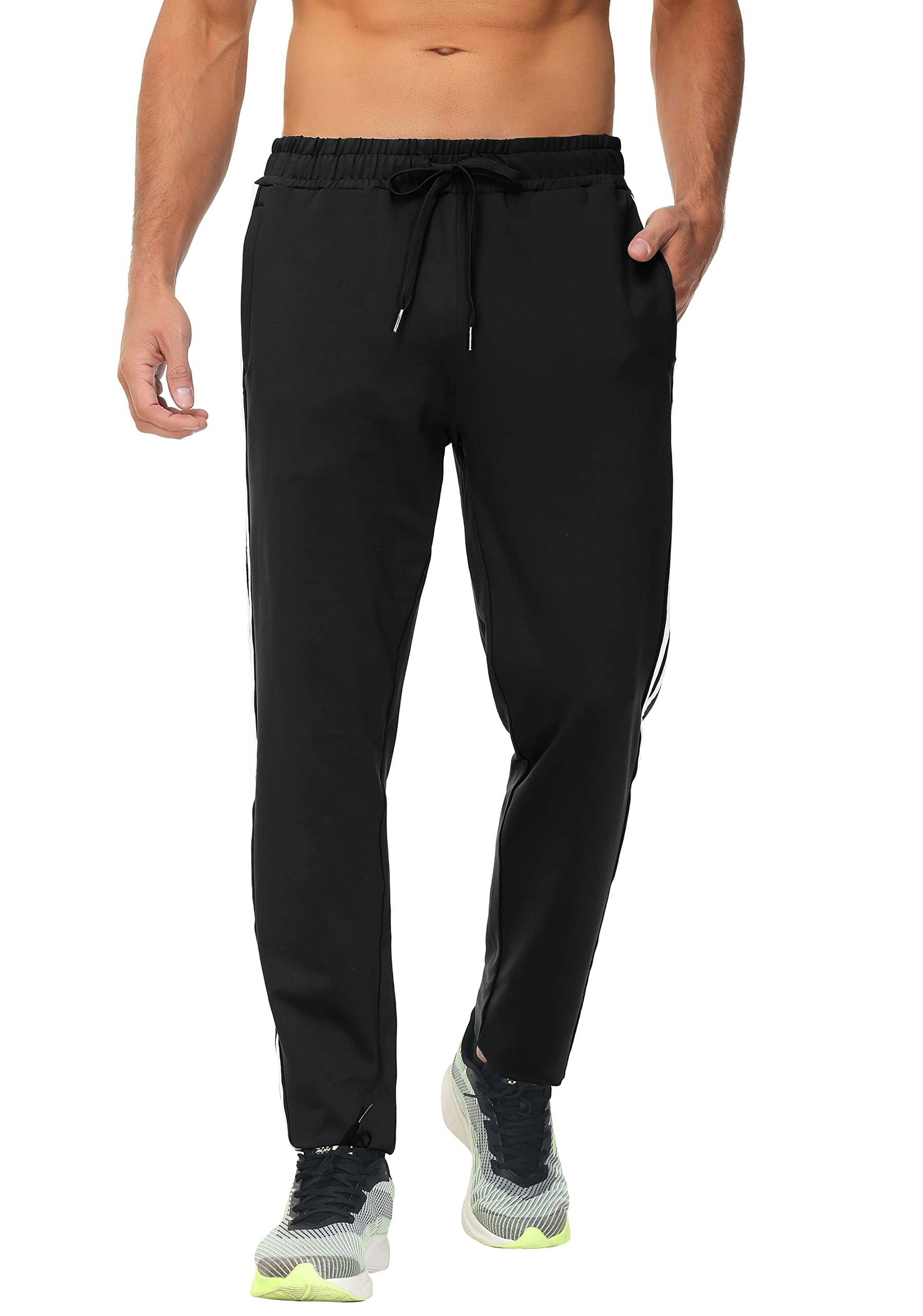 Boisouey Men's Sweatpants with Zipper Pockets Athletic Pants Traning Track Pants Joggers for Men Soccer, Running, Workout (W-White/Black, Medium)