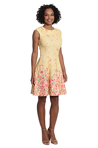 London Times Women's Floral Border Cap Sleeve Fit & Flare Dress, Yellow/Spiced Coral, 4