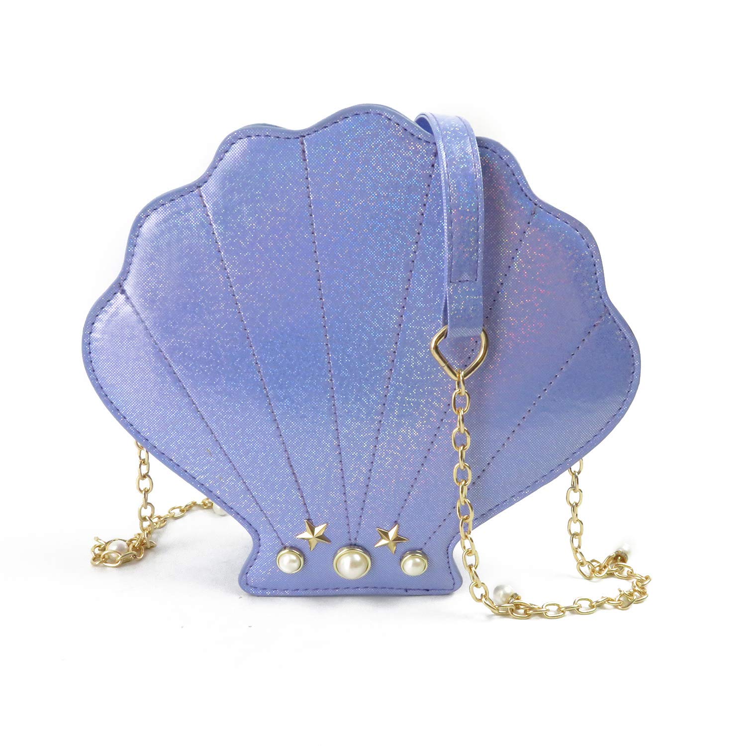 Hologram Laser Shell Shoulder Bags Pearl Cross-body Chain Purse Bags for Womens(Purple)