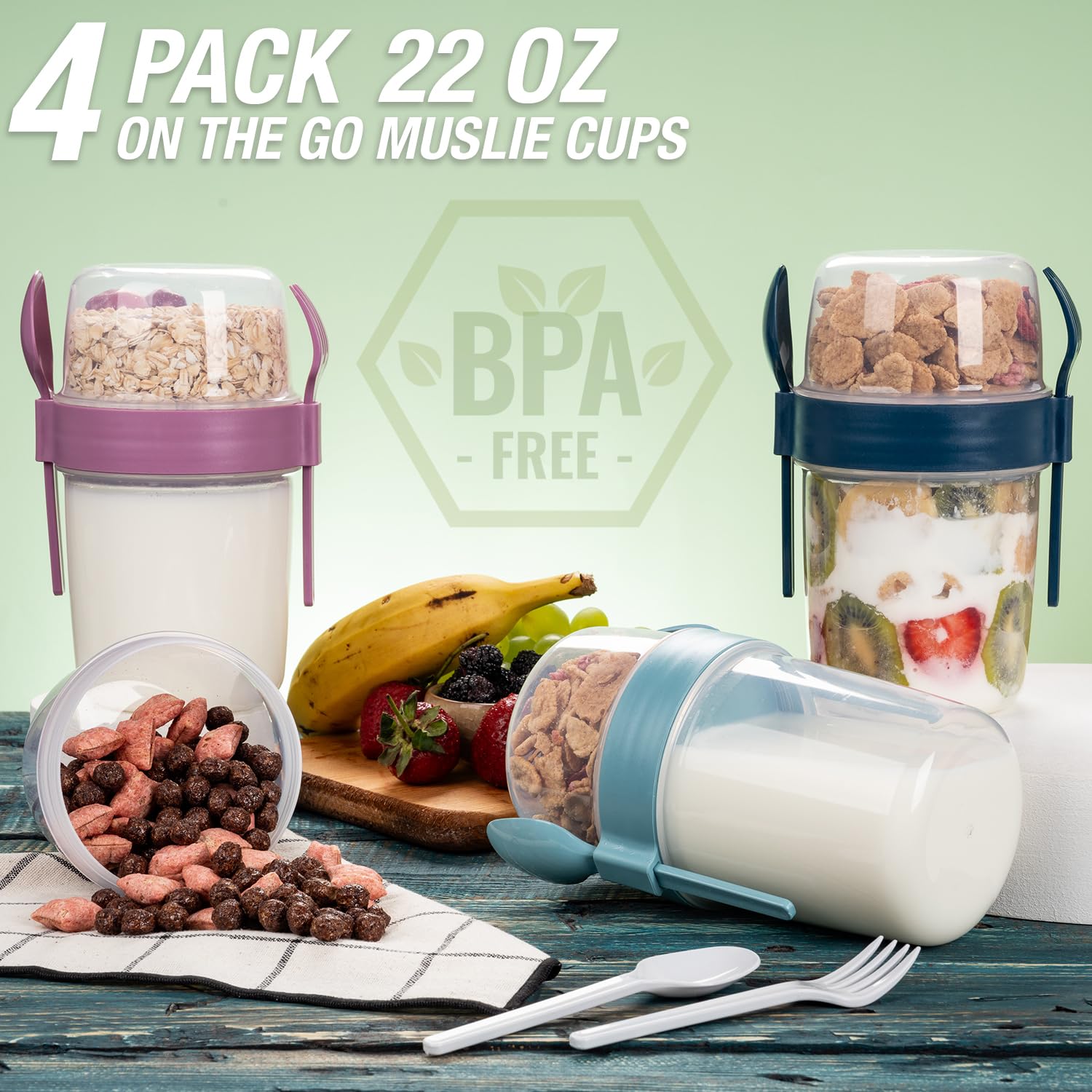 EYNEL 4 Pack On The Go 22 oz Breakfast Cups with Lids and Spoon, Reusable Cereal Yogurt Cup with Topping Plastic Overnight Oats Container for Granola Oatmeal (22 oz - 4 Pack)