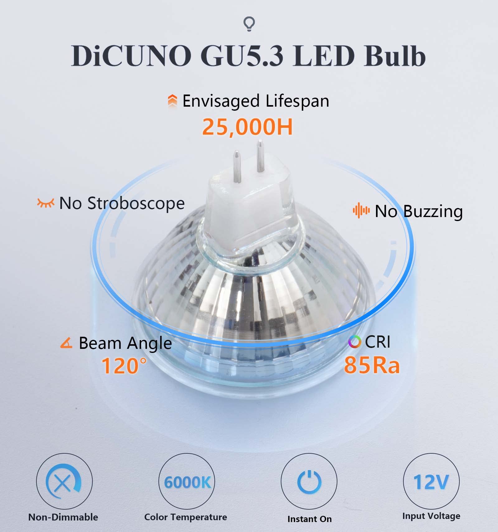DiCUNO MR16 LED Bulbs 50W Halogen Equivalent Non-Dimmable 12V AC/DC, GU5.3 Bi-Pin Base Daylight White 6000K 5W Glass Cover 120° Beam Angle 500LM for Recessed, Track, Accent Lights, 10 Packs
