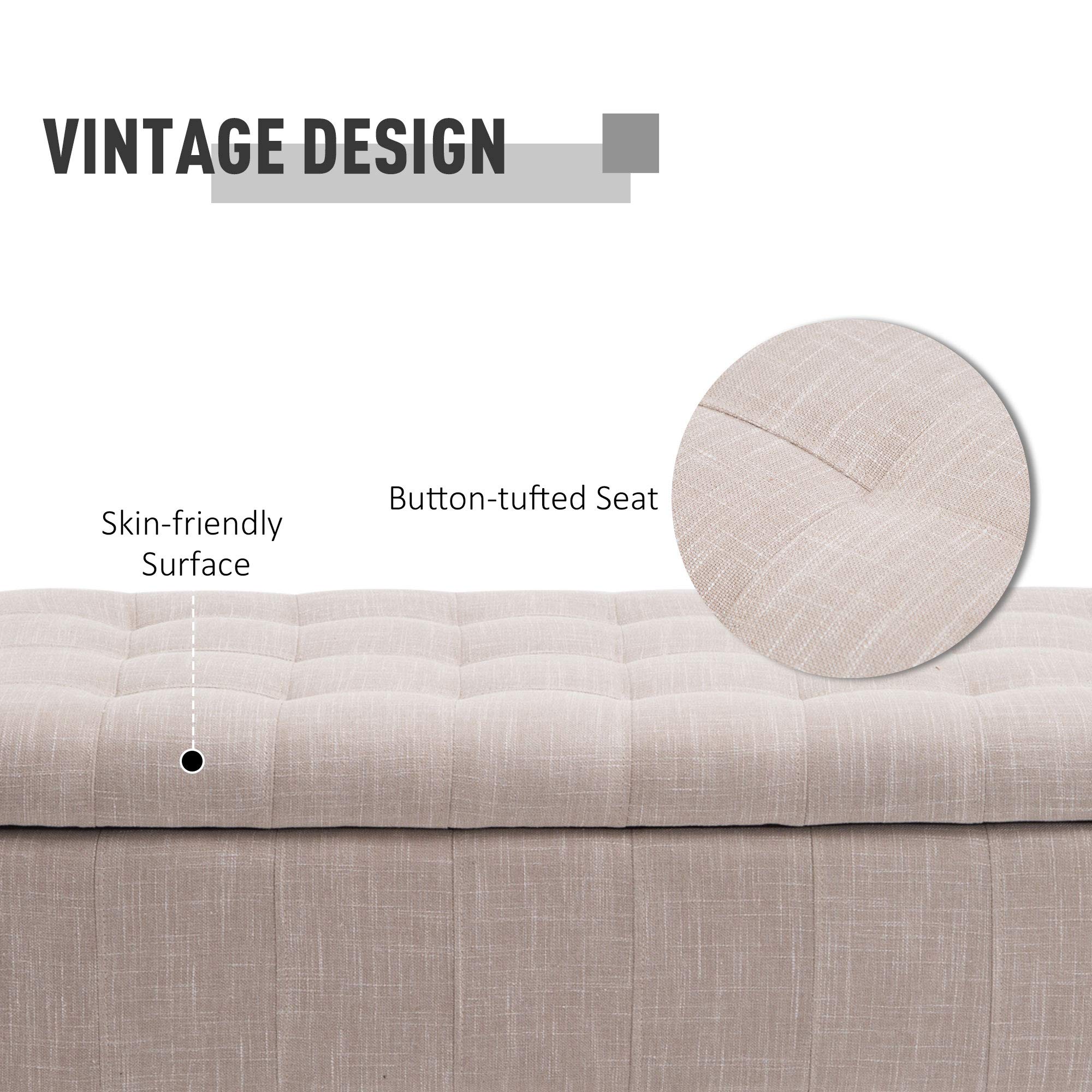 HOMCOM Storage Ottoman, Linen Fabric Button Tufted Storage Bench with Soft Close Lid for Living Room, Entryway or Bedroom, Beige