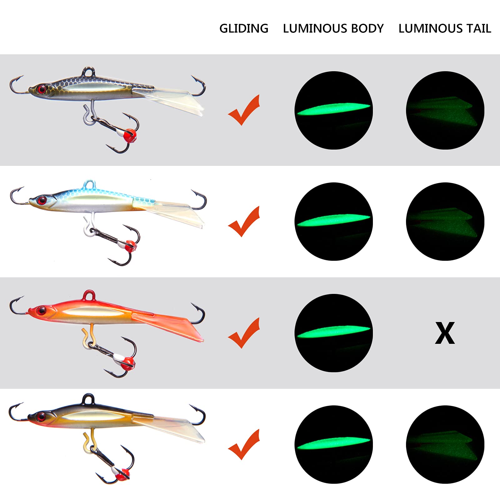 BASSDASH Ice Fishing Lures with Glide Tail Wings Winter Ice Jigging Fishing Jigs for Bass Perch Walleye Pike