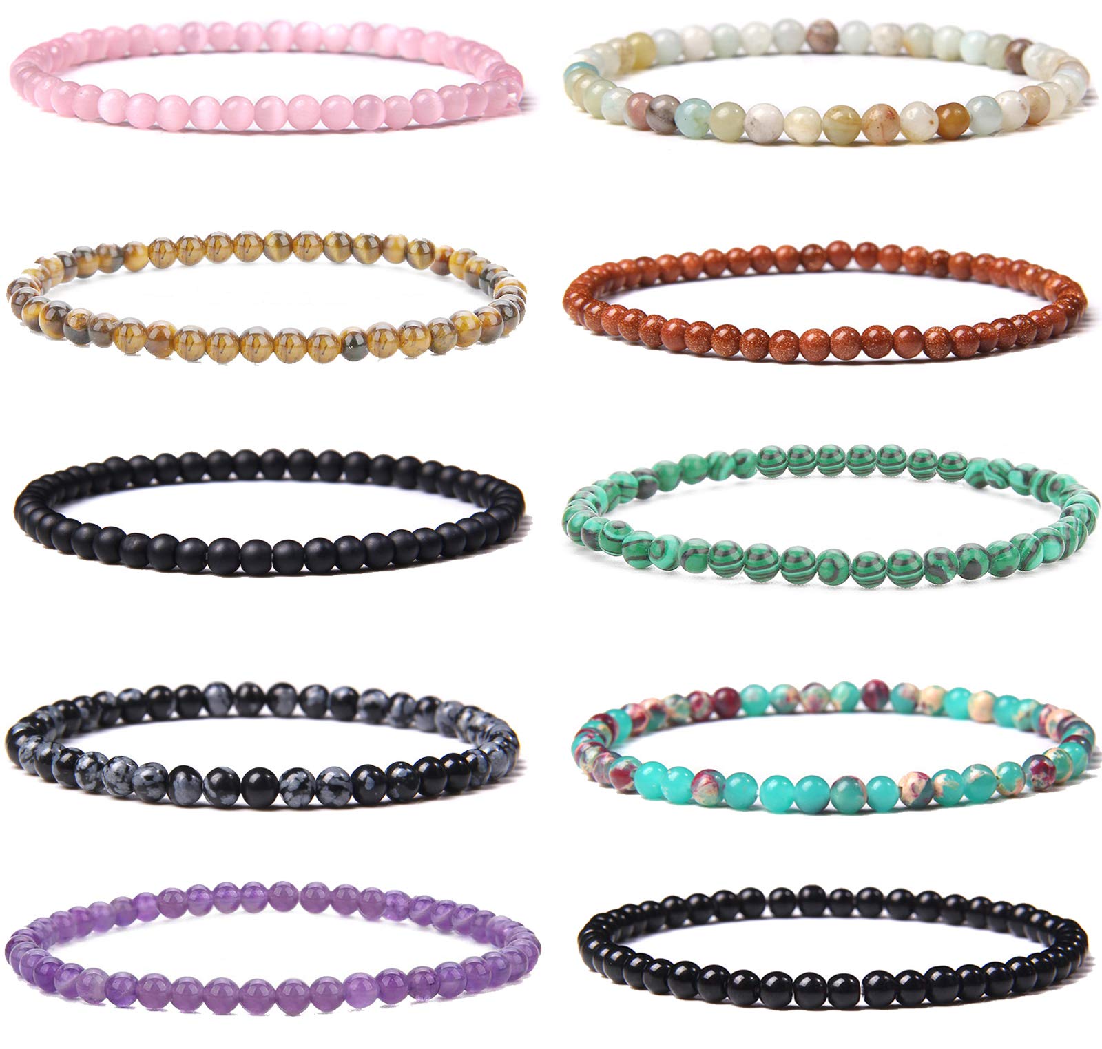 CASDAN 10 Pcs 4MM Mini Semi Precious Gemstone Energy Bracelets for Women Tiny Bracelet Stone Statement Bracelet Charm Beaded Couples Bracelets