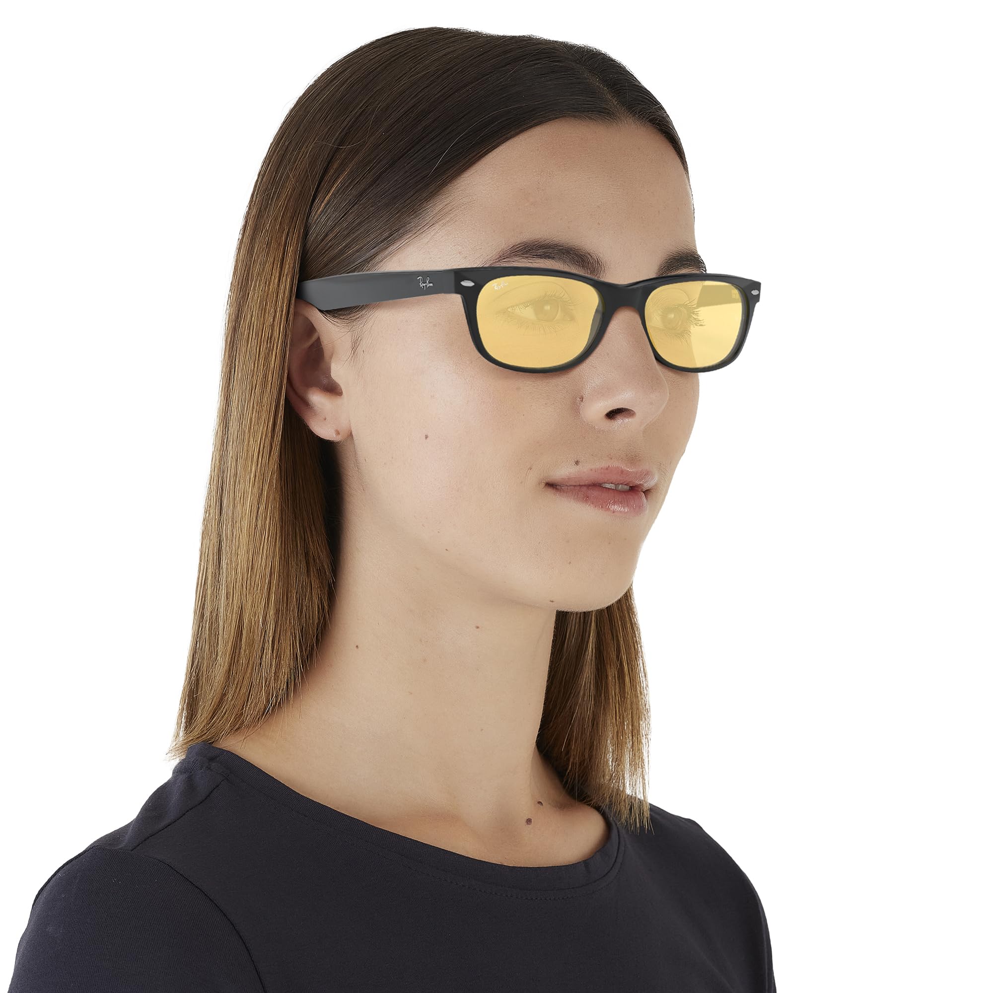 Ray-Ban RB2132F New Wayfarer Low Bridge Fit Square Sunglasses, Black/Yellow, 55 mm