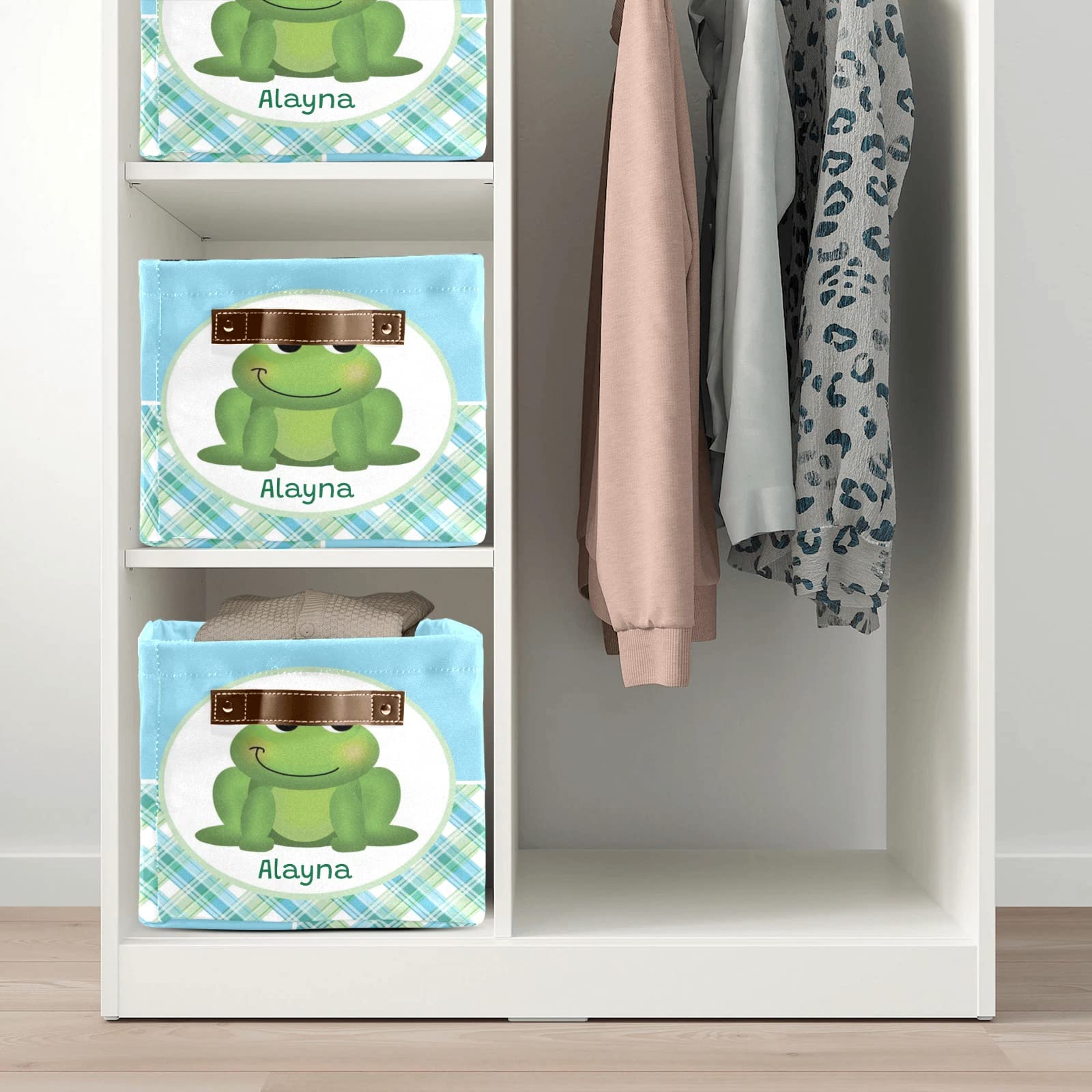 Cute Frog Green and Blue Plaid Personalized Storage Bins,Foldable Baskets Organizer with Handle for Nursery Pet Toy Clothes Box 1 Pack
