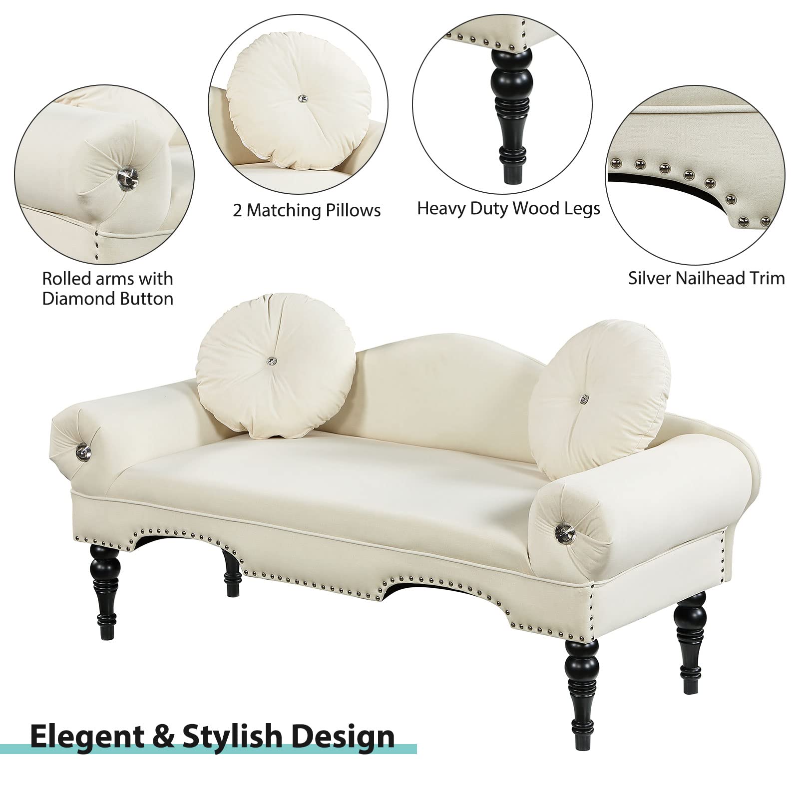 GNIXUU 54 β Velvet Small Loveseat Sofa, Mid Century Modern Love Seat Couch Settee Tufted 2 Seater Couches Bedside Entryway Bench with 2 Pillows Nailhead Trim for Bedroom, Living Room(Beige)