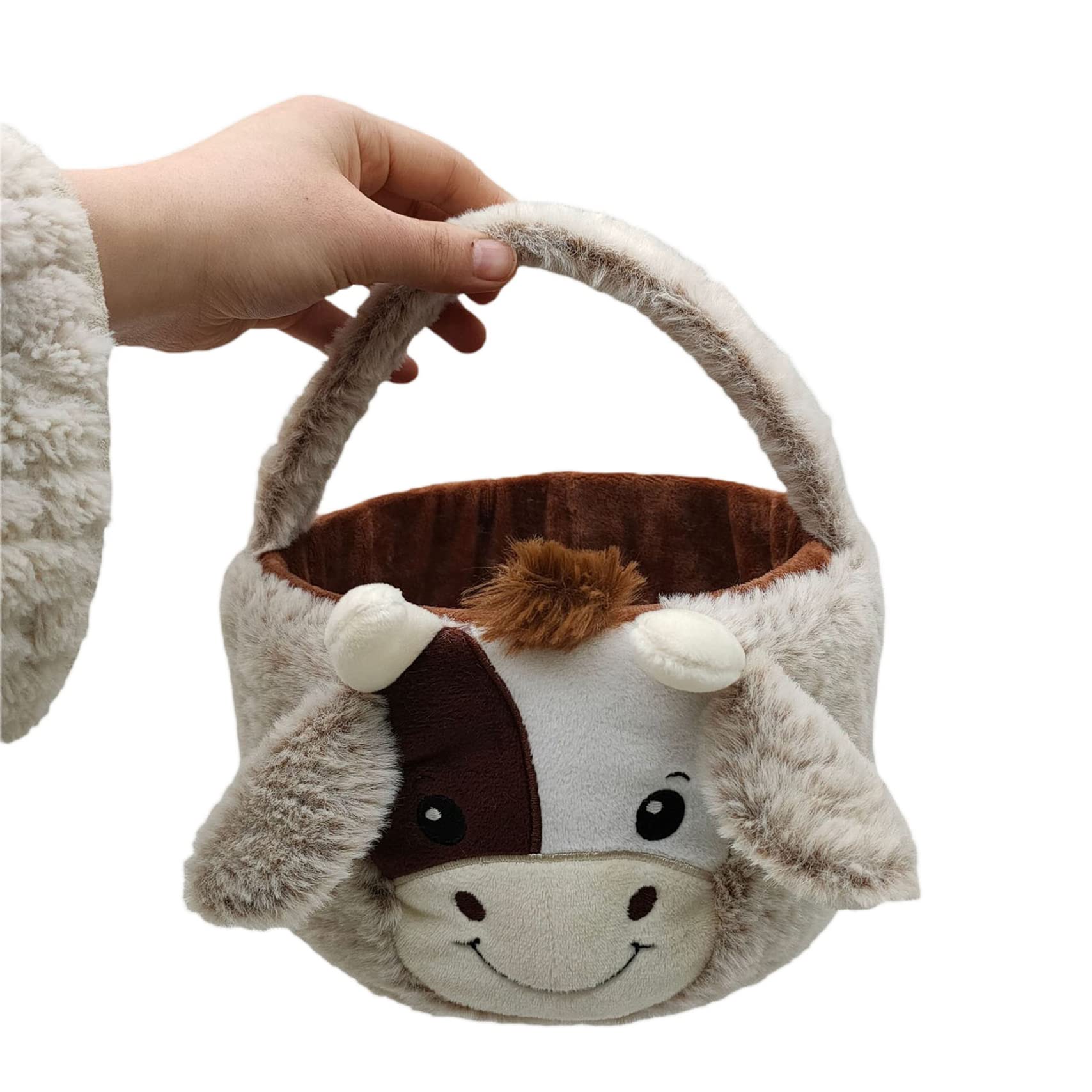 Cute Plush Cow Easter Basket for Kids, Cow Easter Buckets with Plush Ear, Candy Buckets Storage Tote Bag Easter Decorations (Cow Easter Basket, 7.9"L x 7.9"W x 9.8"H)