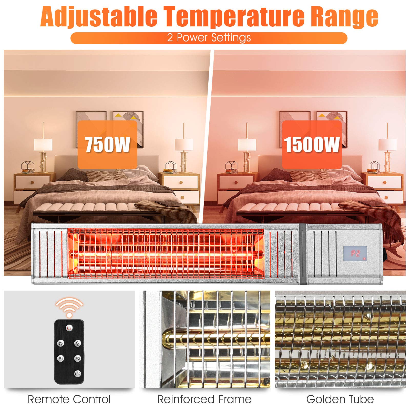 COSTWAY Electric Patio Heater 1500w, Wall-mounted Infrared Heater with Remote Control, 24H Timer, 9 Heat Setting, Quiet Outdoor Patio Heater for Garage, Home, Balcony