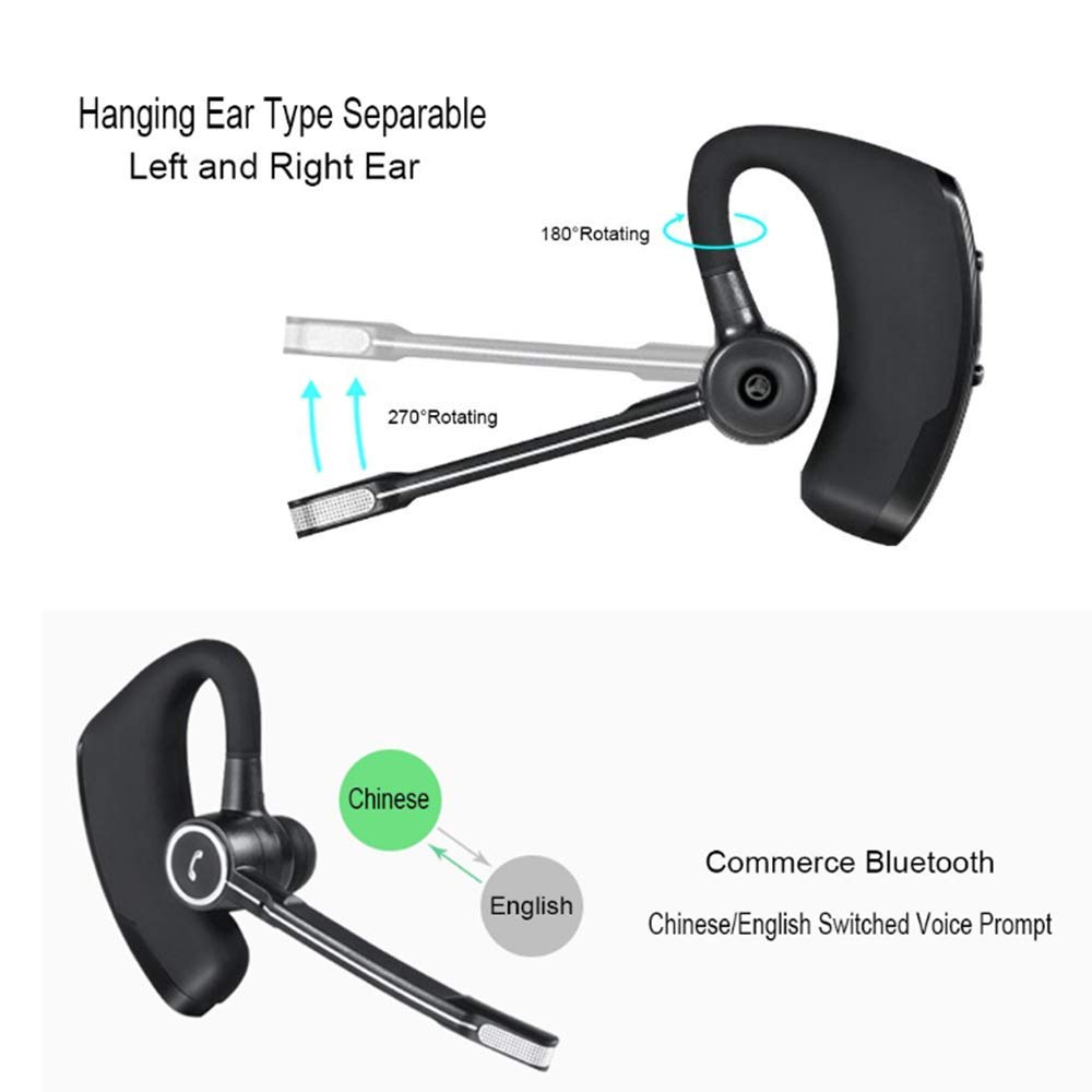 Bluetooth Headset Bluetooth Earpiece Business Headphones Ear Hooks HD Stereo Noise Cancelling in-Ear Earbuds with Mic and Voice Control for Business/Office/Driving Call