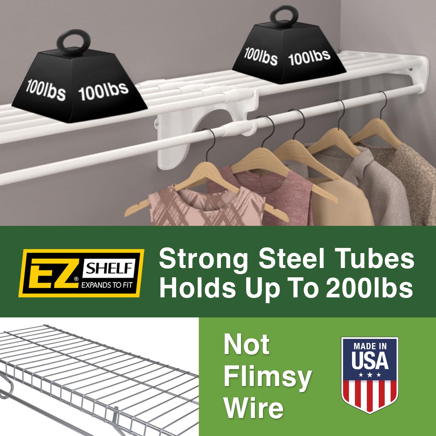 EZ Shelf - DIY Expandable Closet Shelf (NO Hanging Rod) - 40.5β to 73β - White - Easy to Install to 2 Sidewalls -(EZS-SW72)- Wire Closet Shelving Alternative