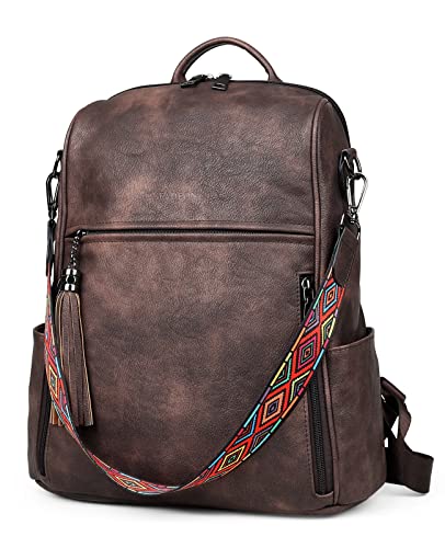 FADEON Leather Backpack Purse for Women Designer Travel Backpack Purses PU Fashion Ladies Shoulder Bag with Tassel Coffee