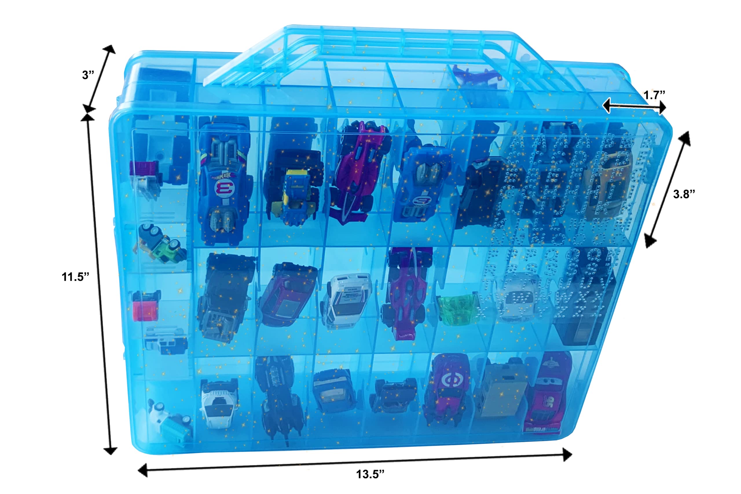 HOME4 Double Sided BPA Free Toy Storage Container - Compatible with Mini Toys Brands, Small Dolls Hot Wheels Tools Crafts - Toy Organizer Carrying Case - 48 Compartments - Cars Not Included (Clear)