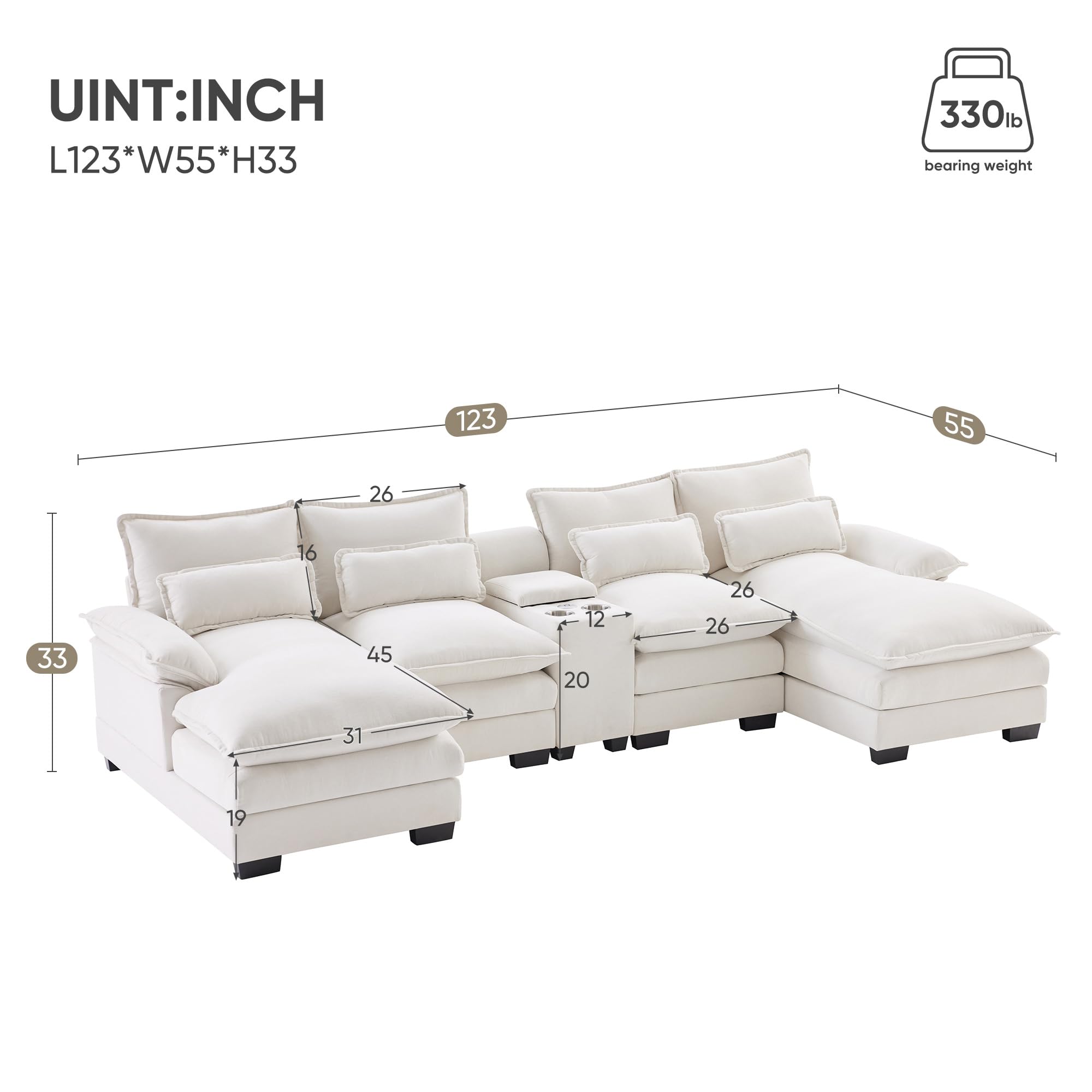 GNNIXUU 123" Modular Sectional Sofa Couch for Living Room, Modern Comfy U-Shaped Sectional Cloud Couch with Console, Cupholders and USB Ports, Chenille 4 Seat Couch Set with Chaise(White)