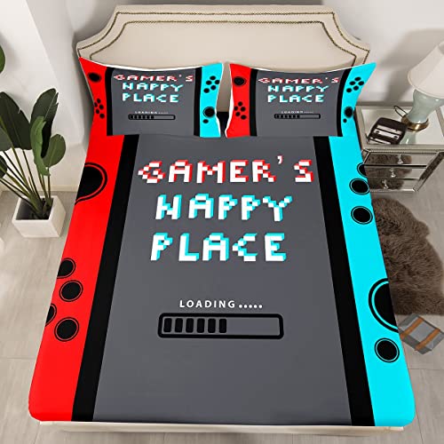 Gamer Sheet Set King Size Video Game Gamepad Bed Sheets Set Bedroom Novelty Modern Game Controller Decor Sheets with Deep Pocket Fitted Sheet Women Men Game Room Decor Bedding Set With 2 Pillow Case