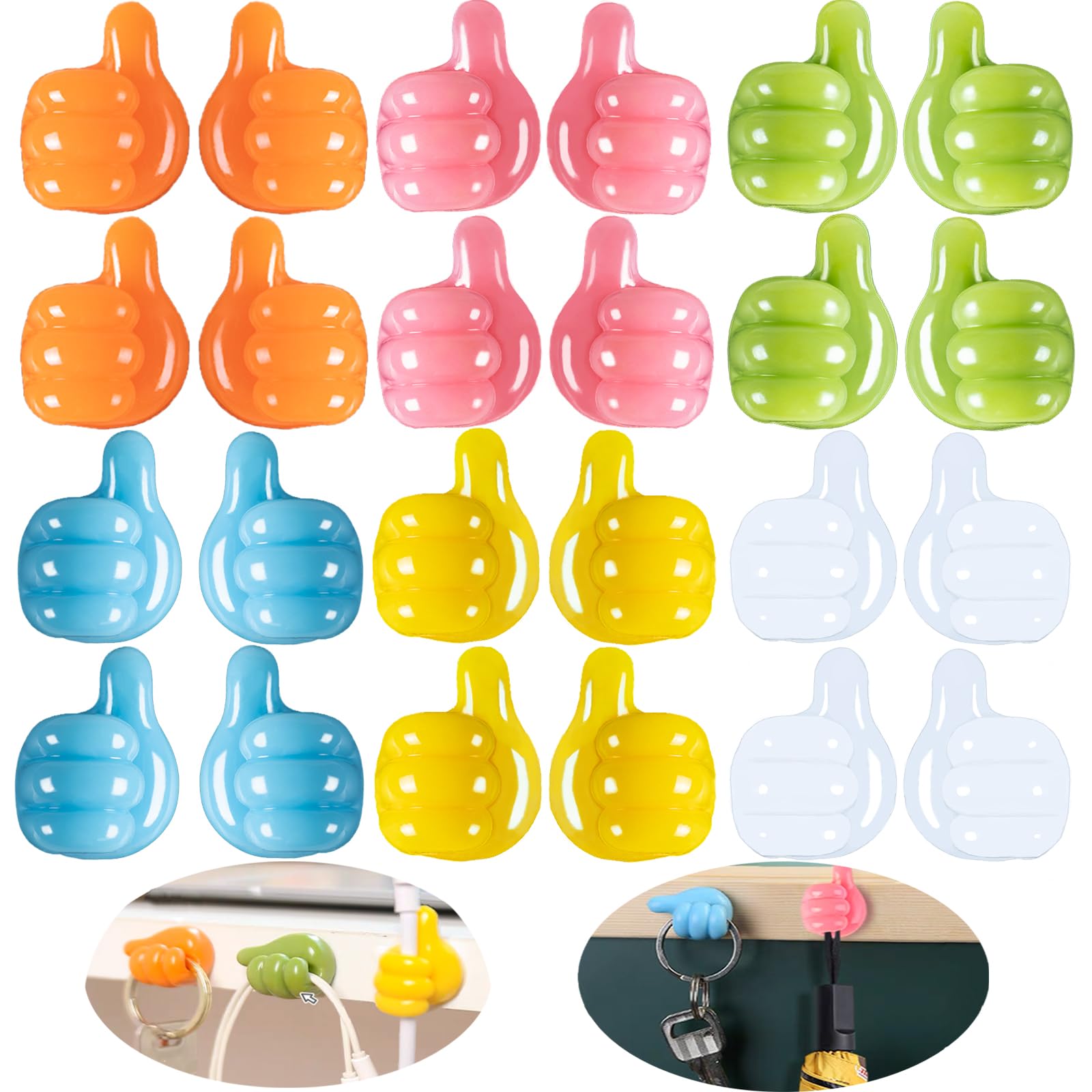Dupiulk 24 Pcs Silicone Thumb Wall Hooks, Self Adhesive Thumbs up Cord Holder, Desk Cable Clips Organizer, Multifunction Key Hanger Wall Hook