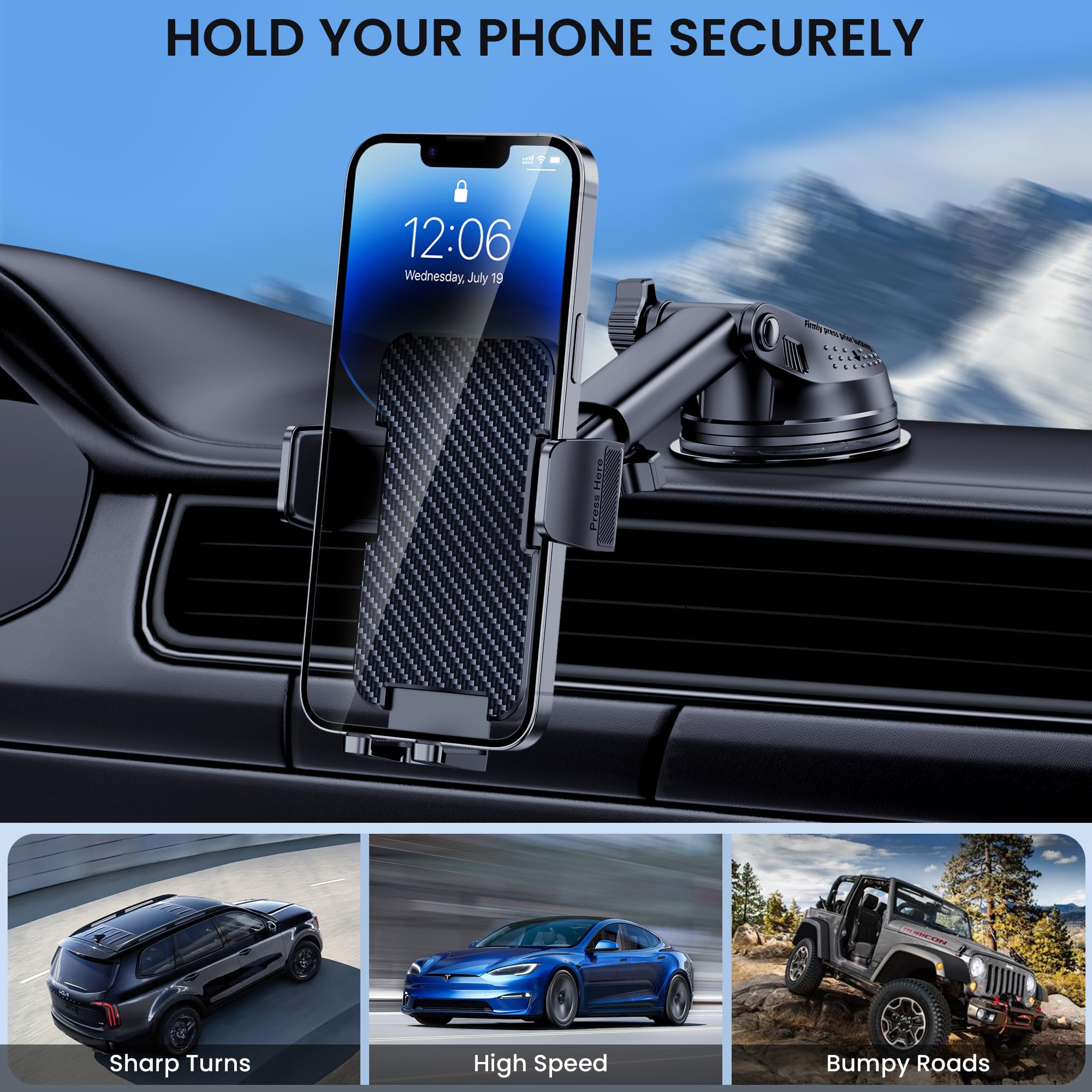 BIVGAZA Universal Car Phone Mount with Super Strong Suction Cup, Thick Case Friendly, Adjustable Telescopic Arm, Compatible with All Smartphones