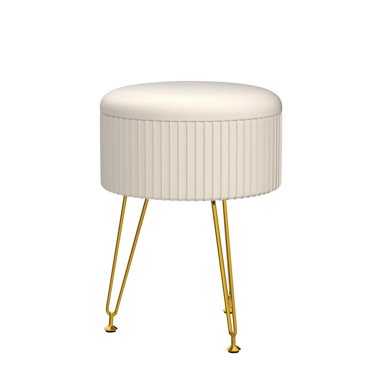 CUYOCA Round Storage Ottoman with Tray, Vanity Stool with Storage for Living Room Makeup Room, Coffee Table Foot Rest Stool for Vanity, Velvet White