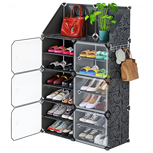 NiHome 24-Pair Shoe Organizer Cabinet with Doors and Top Shelf, Stackable, Expandable and Free-Standing Plastic Storage Rack for Entryway, Closet, Garage, Bedroom, Hallway and Office