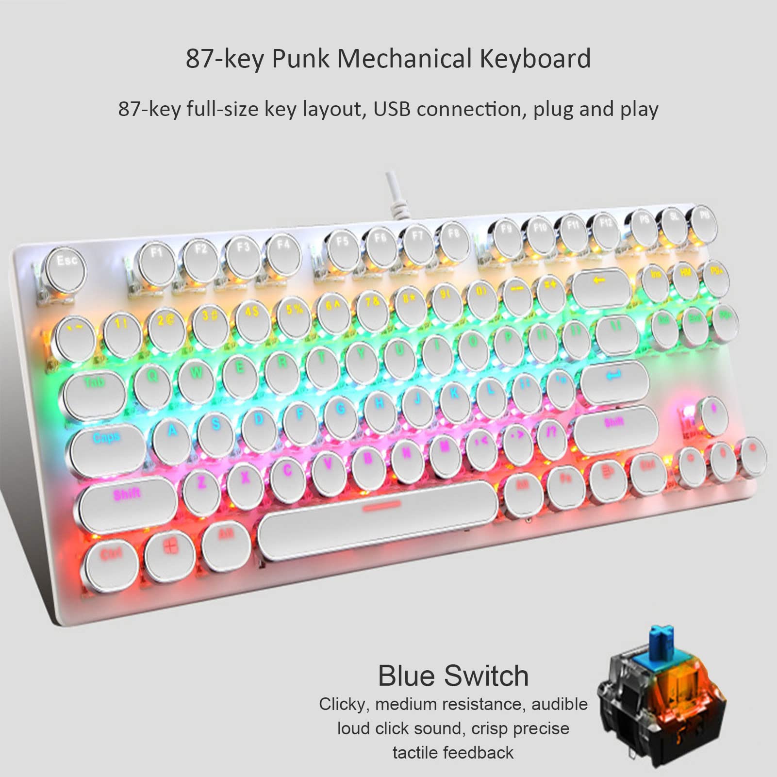 CHUYI Typewriter Style Mechanical Gaming Keyboard with Blue Switch, USB Wired Retro Steampunk Light Up 87 Round Keycaps with RGB LED Rainbow Backlit, for Computer PC Laptop (Black)