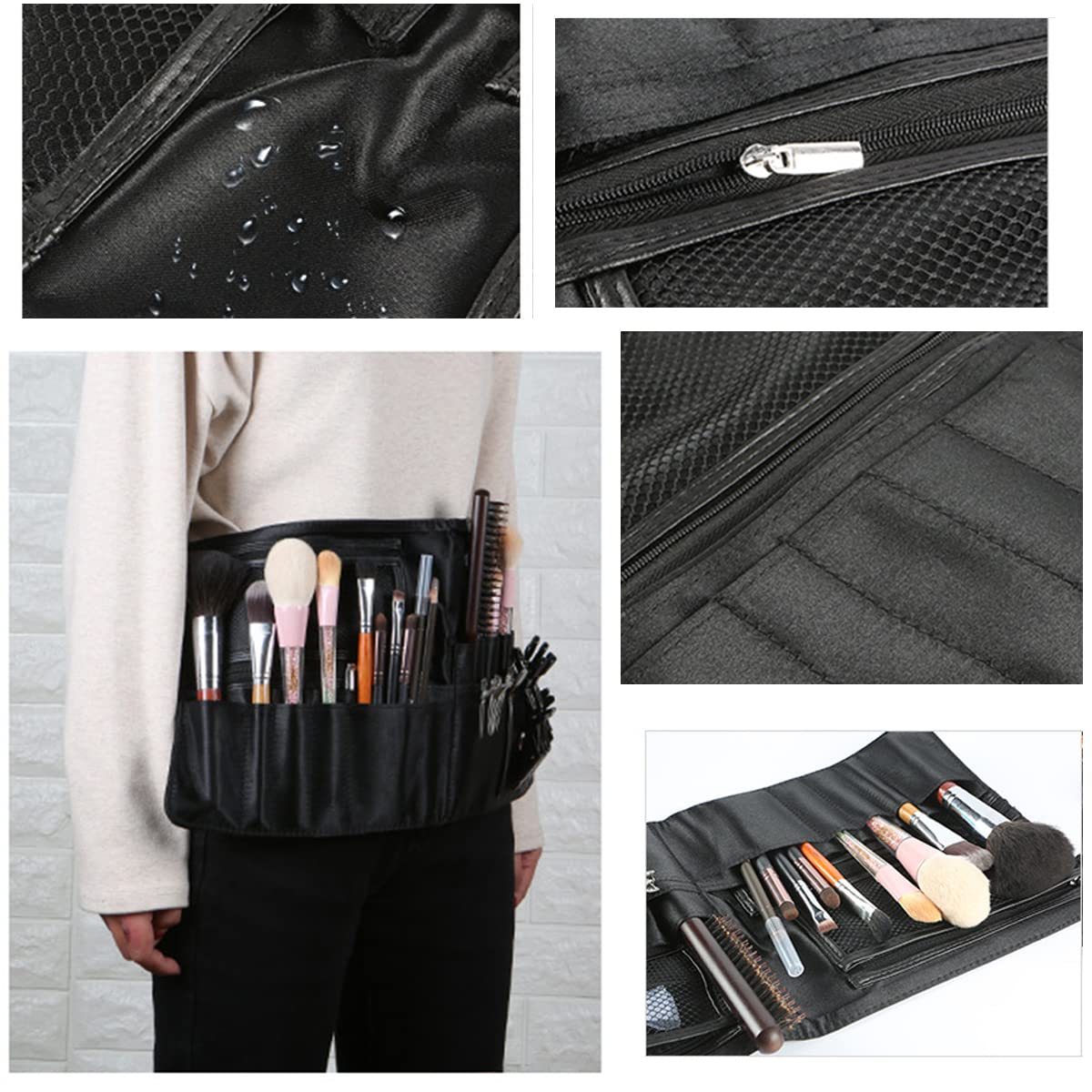 Beautybaby Artist Professional Makeup Brush Waist Bag Cosmetic Portable Multi Pockets Bag with Belt Strap Black