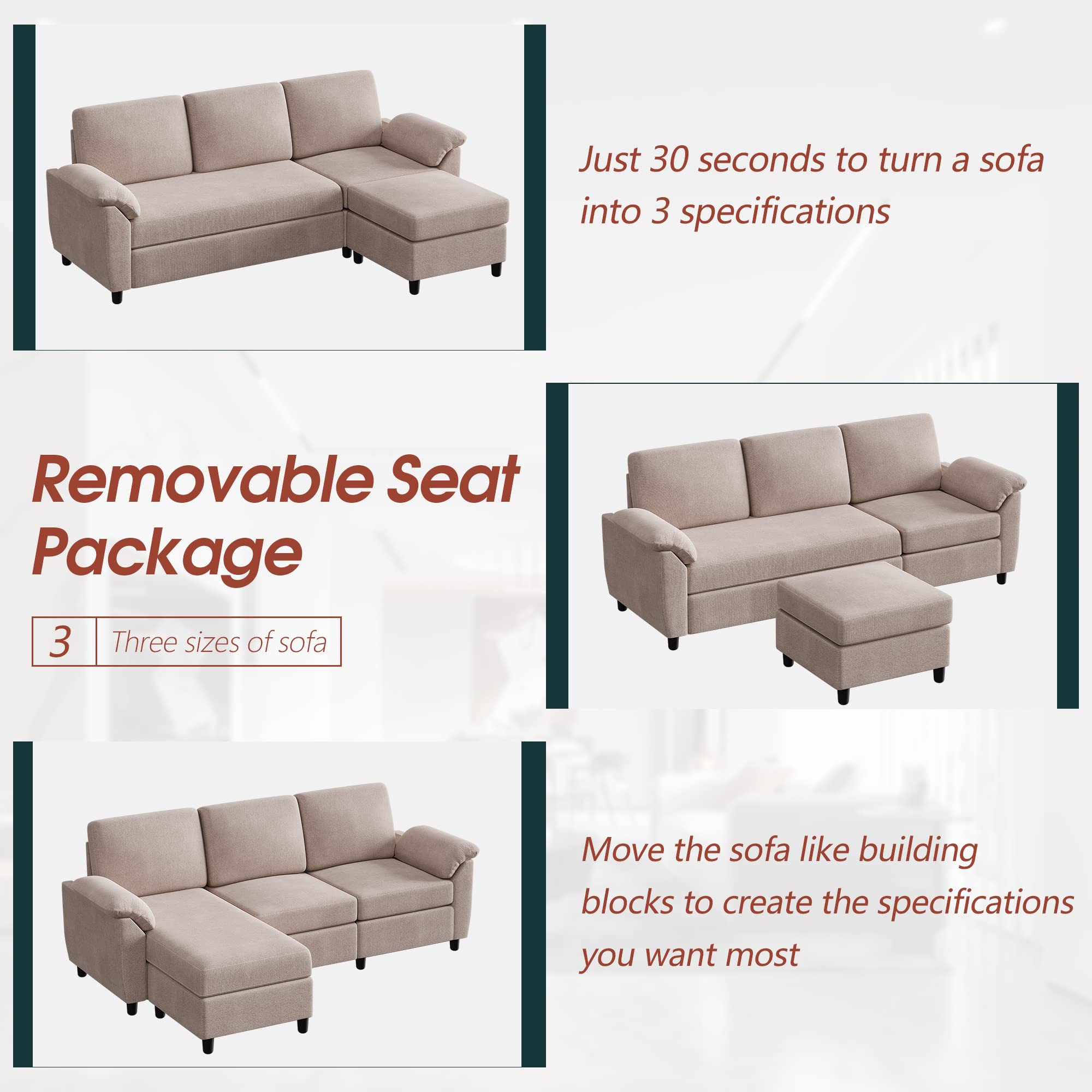 Vongrasig 79" Convertible Sectional Sofa Couch, 3 Seat L Shaped Sofa with Removable Pillows Linen Fabric Small Couch Mid Century for Living Room, Apartment and Office, Khaki