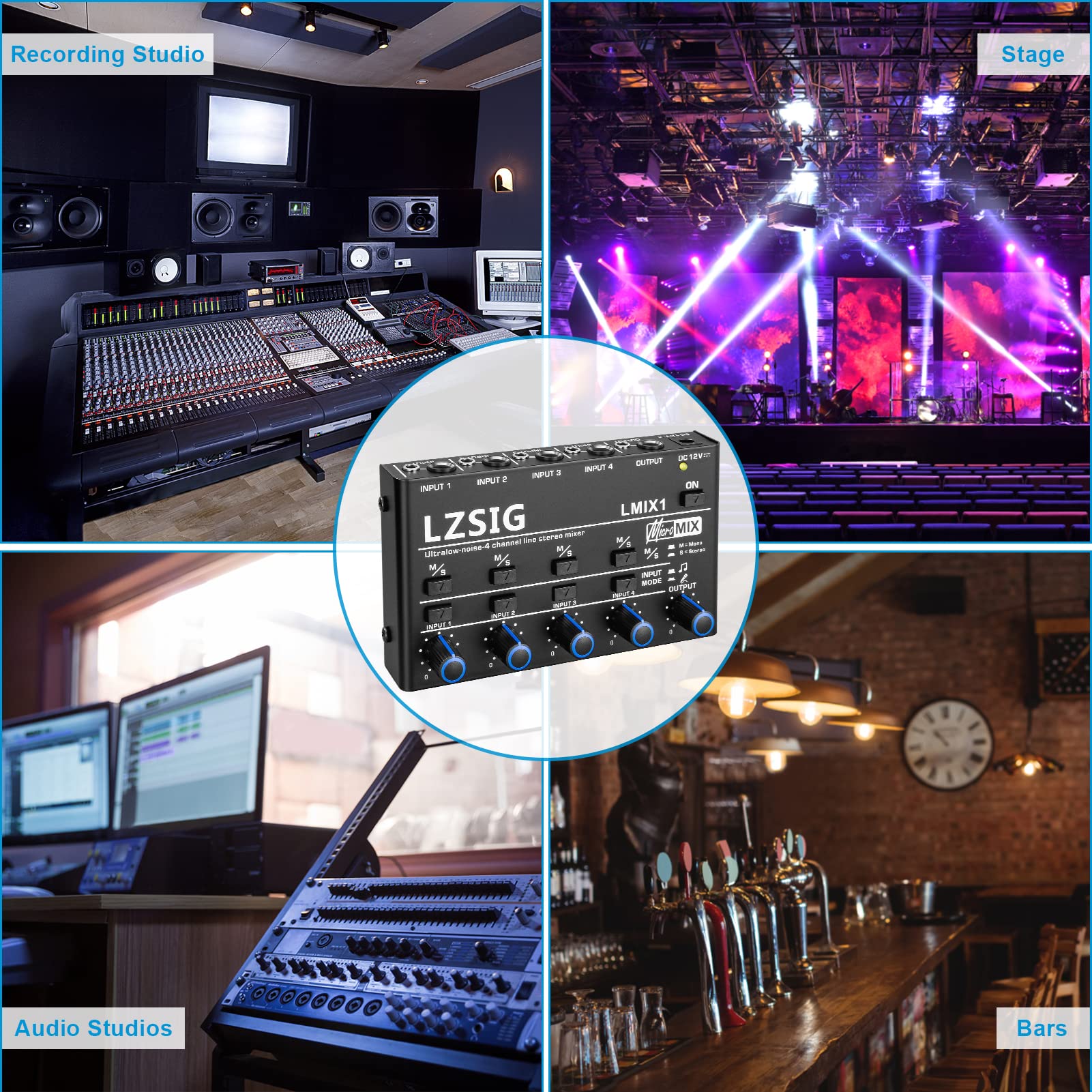 LZSIG Mini Audio Mixer,Stereo Line Mixer for Sub-Mixing,Ultra Low-Noise,4-Channel,Dynamic Microphone Independent Control, 1/4" & 1/8" TRS Output and Input,for Guitars,Bass,Keyboards (Small(4-Channel))