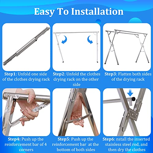 HJWTCQL 95IN (150-240cm) Clothes Drying Rack,Drying Rack Clothing Folding Indoor Outdoor,Heavy Duty Stainless Steel Laundry Drying Rack(10.38pounds) with Clothes Drying Rack Windproof Hooks 30pc