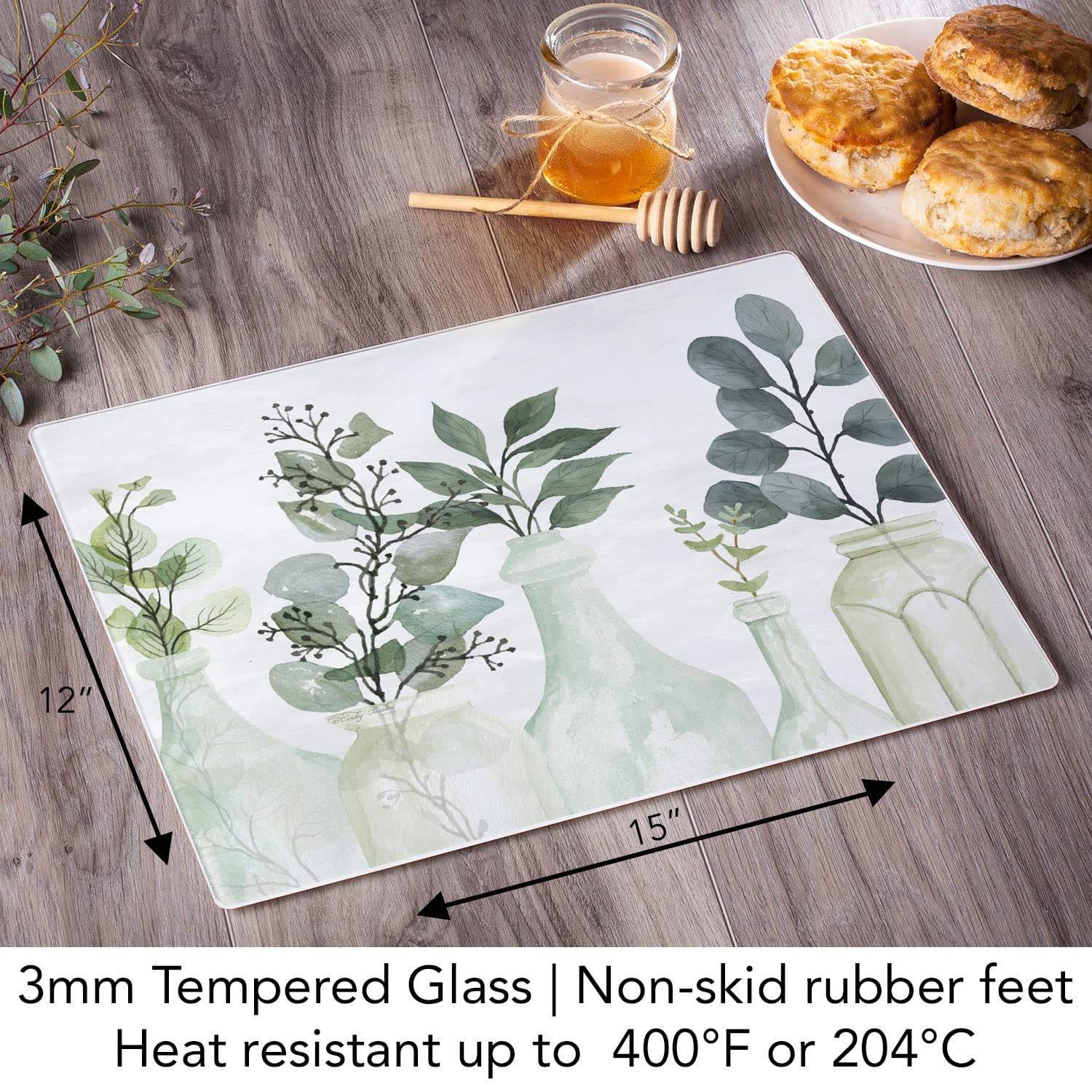 CounterArt "Nature's Greenery" 3mm Heat Tolerant Tempered Glass Cutting Board 15β x 12β Manufactured in the USA Dishwasher Safe