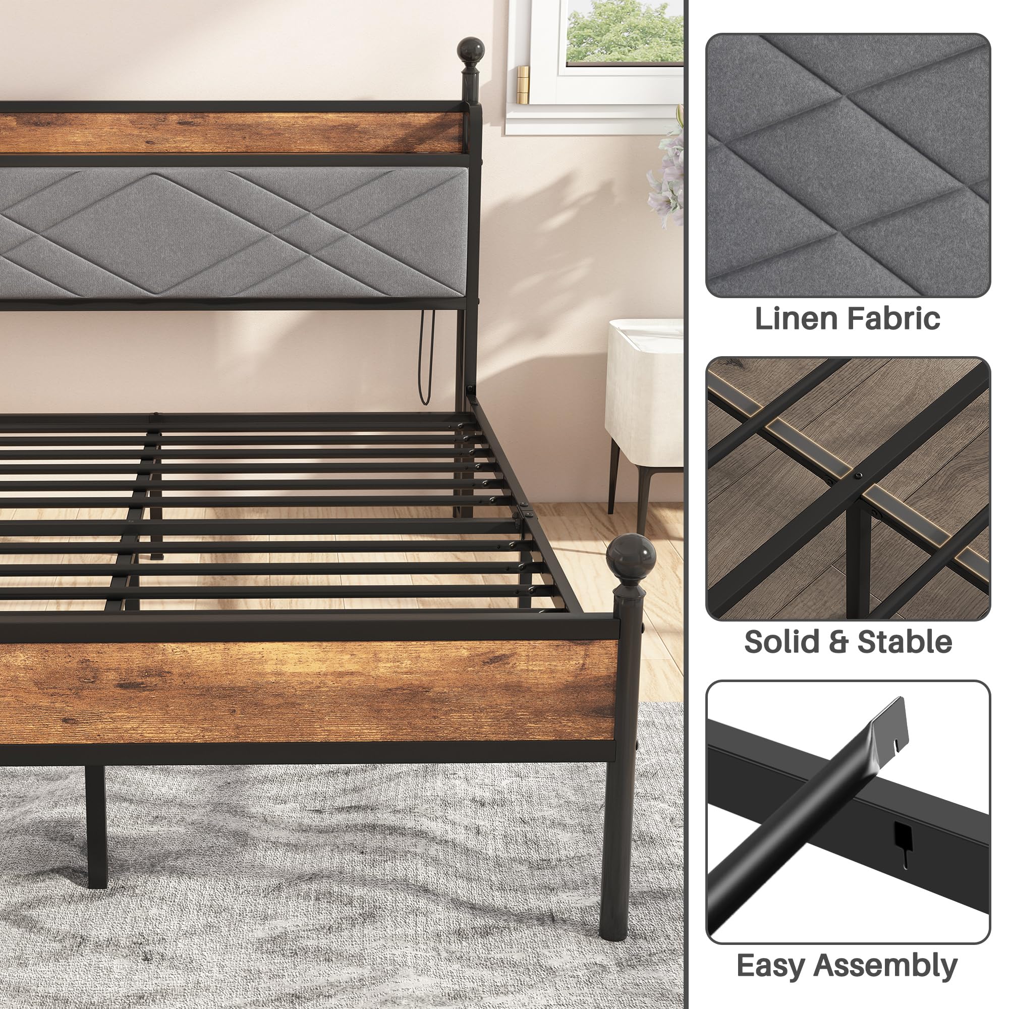 Bigbiglife Dual-Purpose Canopy Bed Frame, Bed Frame with Upholstered Headboard, Headboard with Storage Shelf and Charging Station, No Box Spring Needed, Queen Size