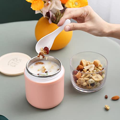 Gralara Lunch Pot Yogurt Container 2 Tier Spoon Portable Detachable Stainless Steel for Milk Salad Soup Yogurt Adults, Pink