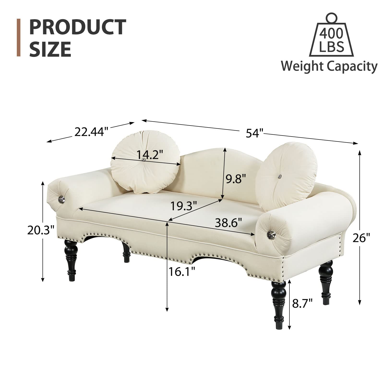 GNIXUU 54 β Velvet Small Loveseat Sofa, Mid Century Modern Love Seat Couch Settee Tufted 2 Seater Couches Bedside Entryway Bench with 2 Pillows Nailhead Trim for Bedroom, Living Room(Beige)