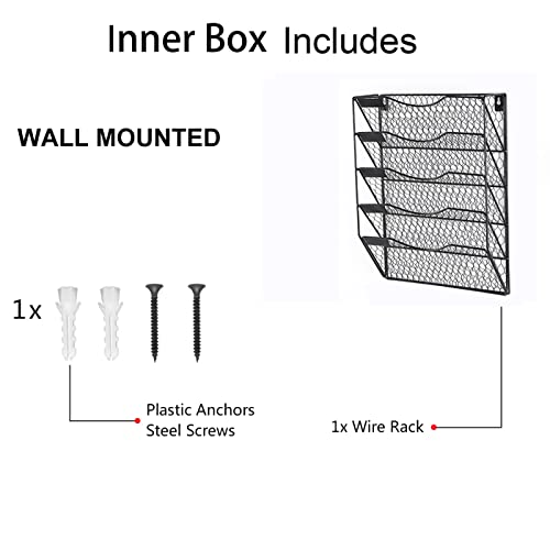 BSJYMJIAJU 5 Slots Arc Wall File Holder Wall Mount Magazine Rack Hanging Mail Organizer Metal Wire Mesh Wall Mount Mail Literature Organizer for Home and Office (Black)