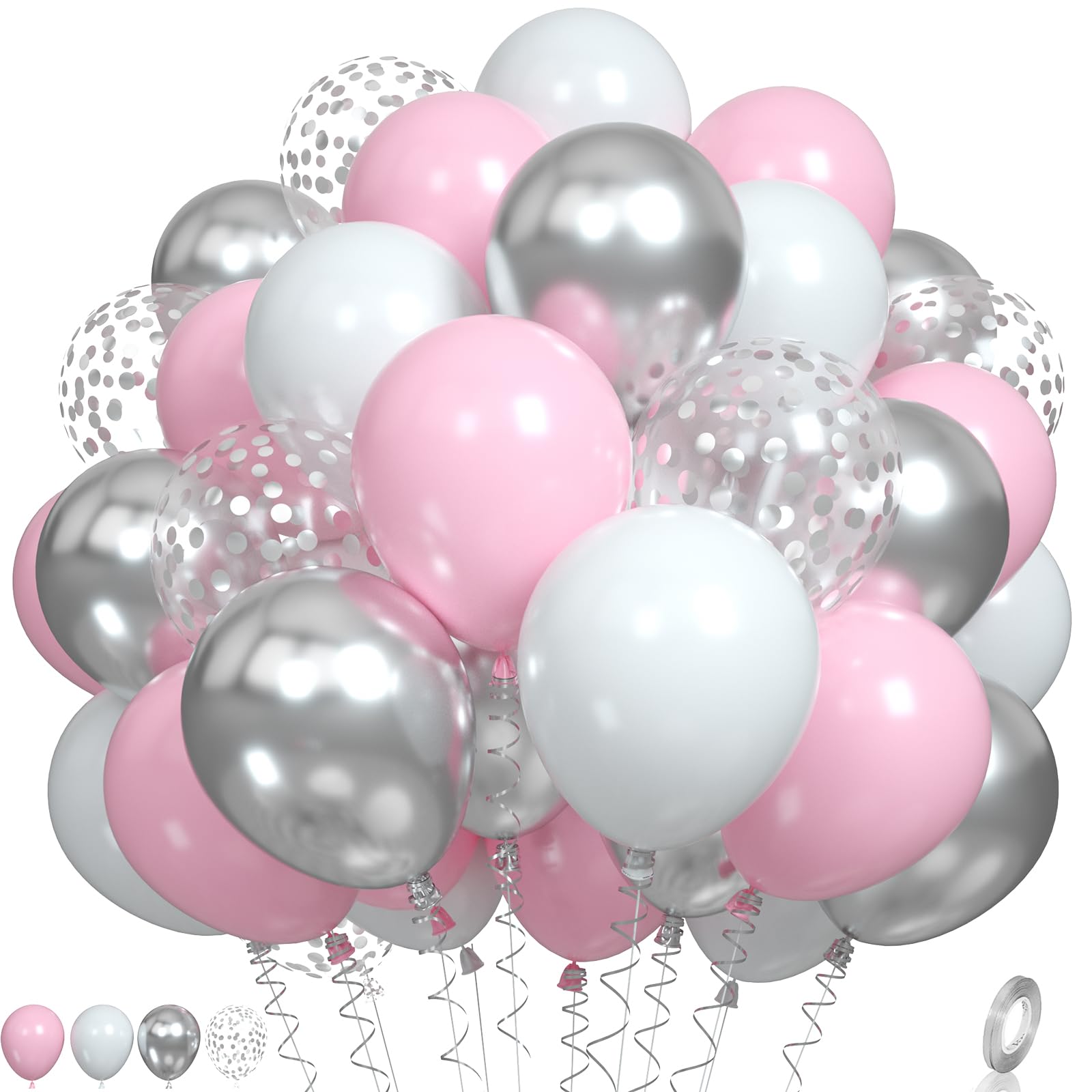 Pink and Silver Balloons, Pastel Pink White Balloons Metallic Silver Balloons White Pink Party Balloons Macaron Pink Silver Confetti Balloons for Girls Kids Birthday Wedding Baby Shower Graduation