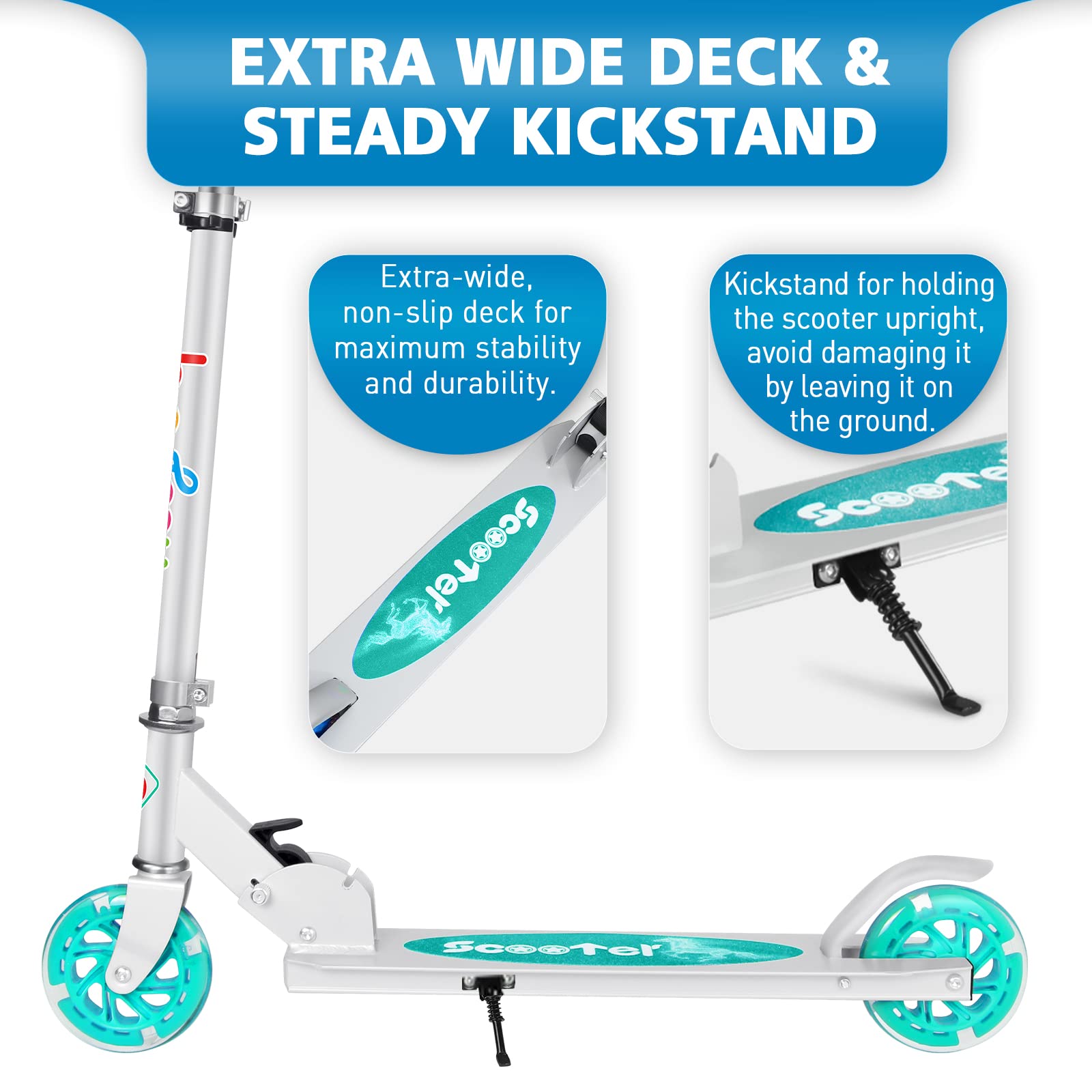BELEEV V1 Scooters for Kids, 2 Wheel Folding Kick Scooter for Girls Boys, 3 Adjustable Height, Light Up Wheels, Lightweight Push Scooter with Kickstand for Children Ages 3-12 (Aqua)