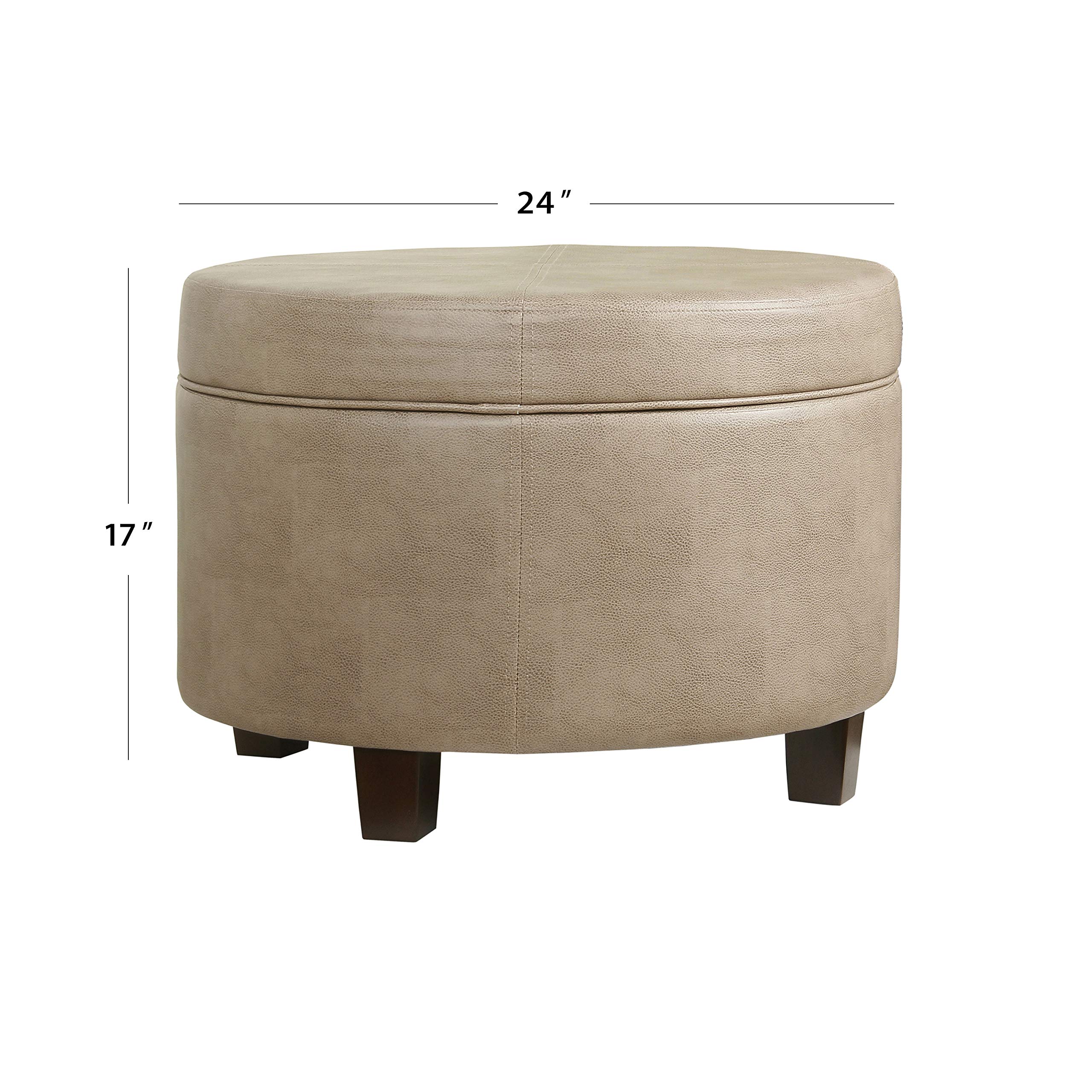 Homepop Home Decor | Upholstered Faux Leather Round Storage Ottoman | Ottoman with Storage for Living Room & Bedroom, Taupe Brown
