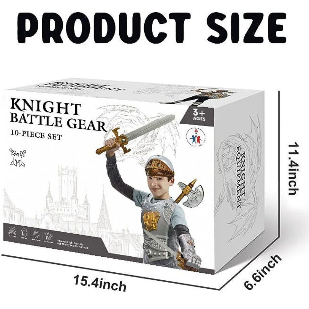 Medieval Knight in Shining Armor, Kids Crusader Pretend Role Play Plastic Costume Dress Up Cosplay with Toy Swords, Axe, Shield, Weapons & Accessories Playset