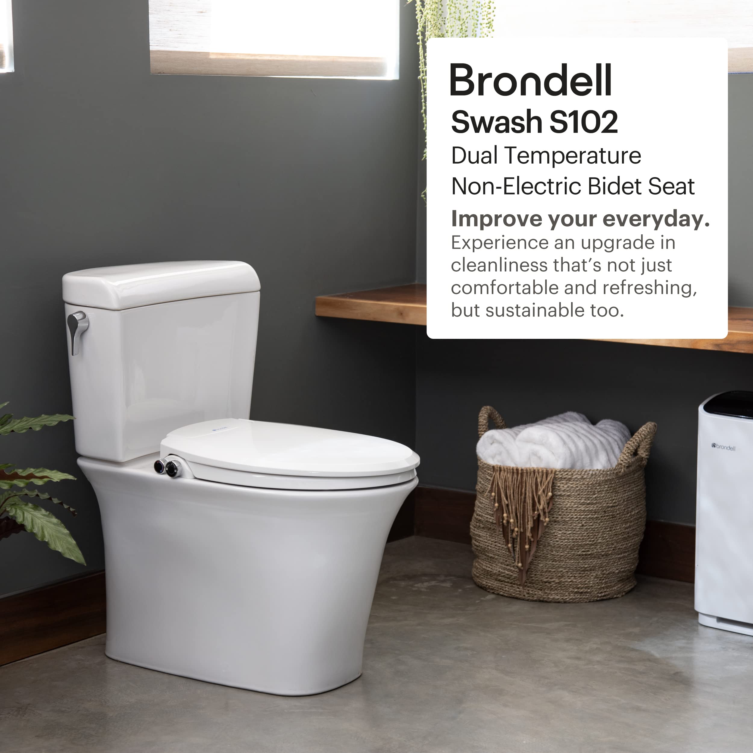 Brondell Swash Bidet Toilet Seat, Non-Electric, Dual Temperature, Fits Round Toilets, White β Dual Nozzle System β with Easy Installation