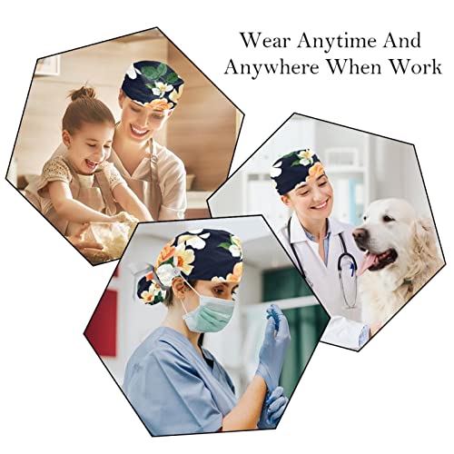 Mersov Watercolor Flowers Scrub Hats for Women Long Hair, Working Cap with Button & Sweatband, Unisex Tie Back 2 Packs, Multicoloured 5, Medium-3X-Large