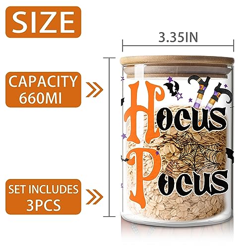 Halloween Decor 3 Pack Glass Storage Jars with Airtight Bamboo Lid - Hocus Pocus Canisters Sets for Kitchen Countertop - Clear Halloween Glass Storage Jars for Coffee Bean, Cookie, Candy, Tea, Flour