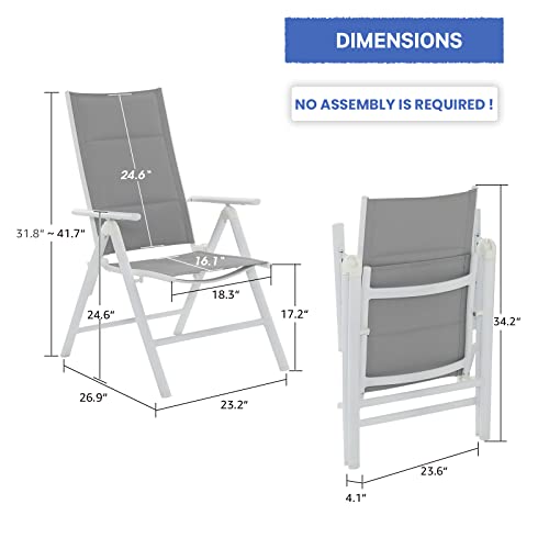 Soleil Jardin Folding Patio Chairs Set of 4, Aluminum Portable Reclining Lawn Chairs with Adjustable High Backrest & Soft Padding, Outdoor Dining Chairs for Porch Pool Yard, No Assembly, White & Gray