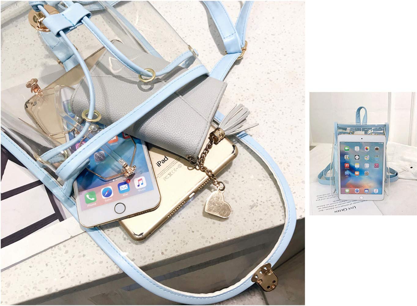 Mini Clear Backpack with Removable Pouch Transparent PVC Shoulder Bag Handbag, Blue, Small