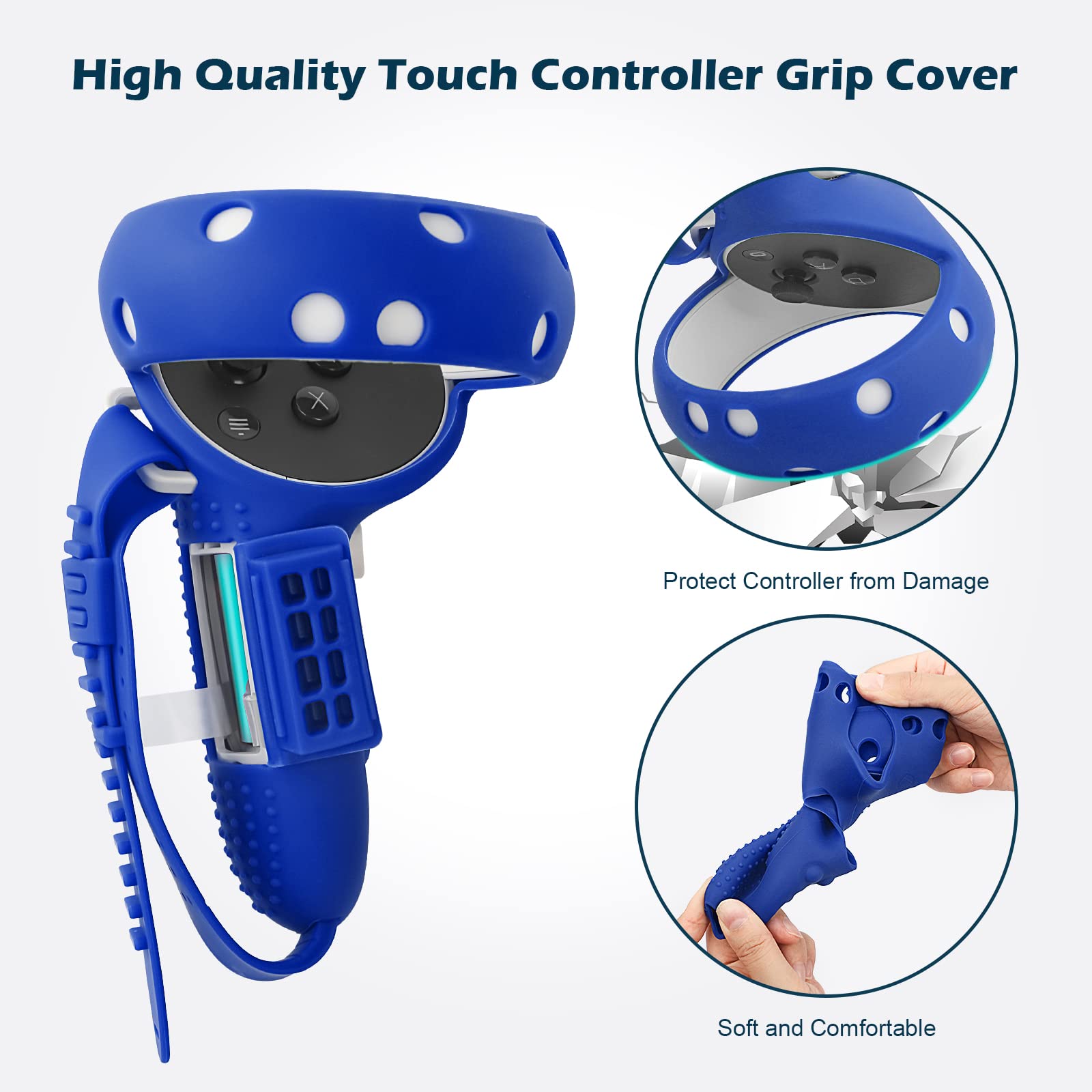Controller Grips Cover Compatible with Oculus Quest 2 Accessories, TOMSIN Widen Knuckle Straps with Battery Opening, Extended VR Grips Protector for Big Hands (Blue)