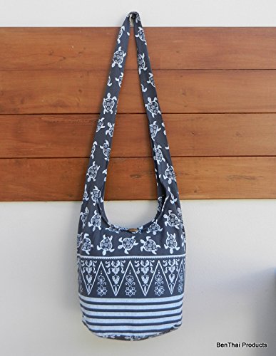BTP! Turtle Sling Crossbody Shoulder Bag Purse Hippie Hobo Thai Cotton Gypsy Bohemian Large (Grey OW13)